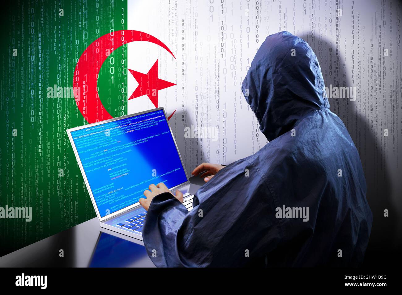 Anonymous hooded hacker, flag of Algeria, binary code - cyber attack concept Stock Photo - Alamy