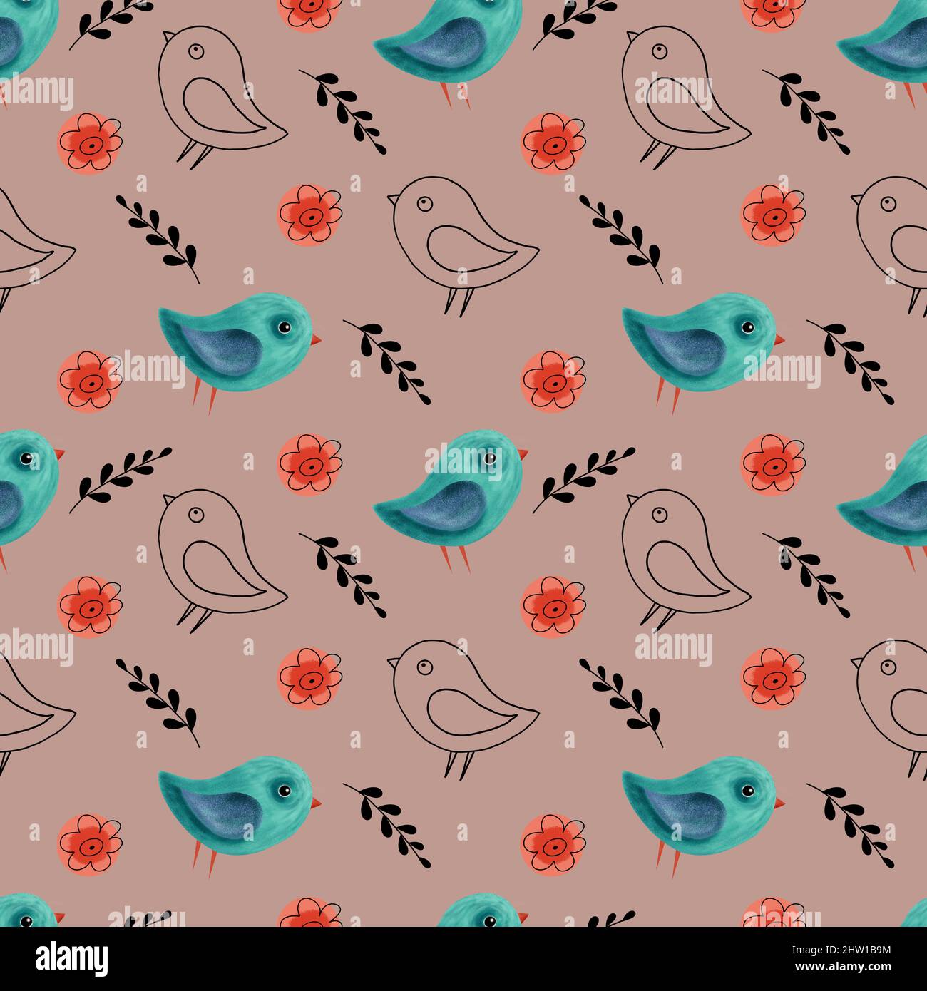 Seamless bird pattern, monochrome background, lineart bird print, Dusty ...