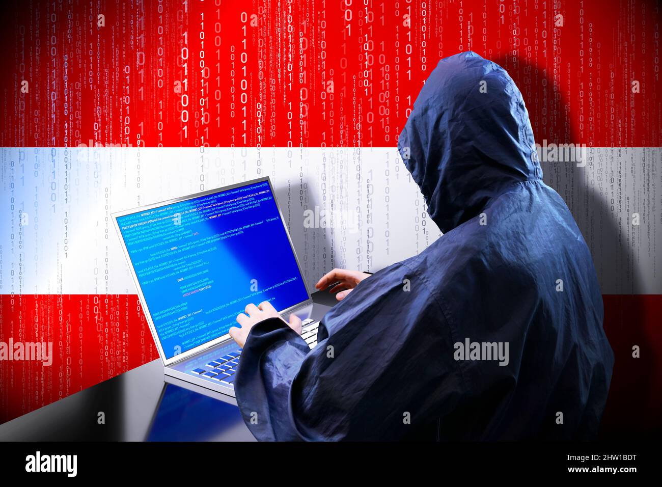 Anonymous hooded hacker, flag of Austria, binary code - cyber attack concept Stock Photo - Alamy