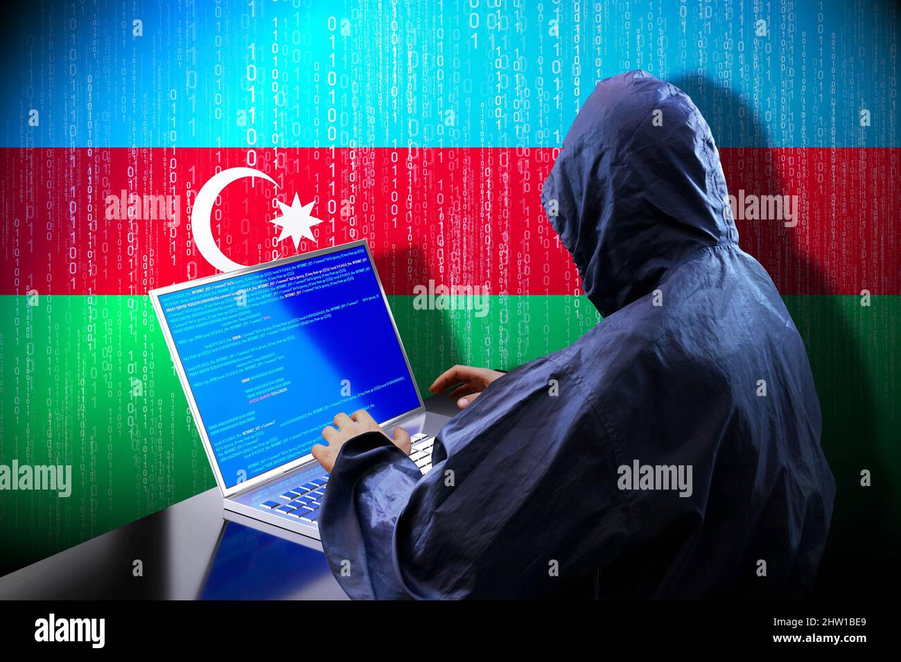 Anonymous hooded hacker, flag of Azerbaijan, binary code - cyber attack concept Stock Photo - Alamy