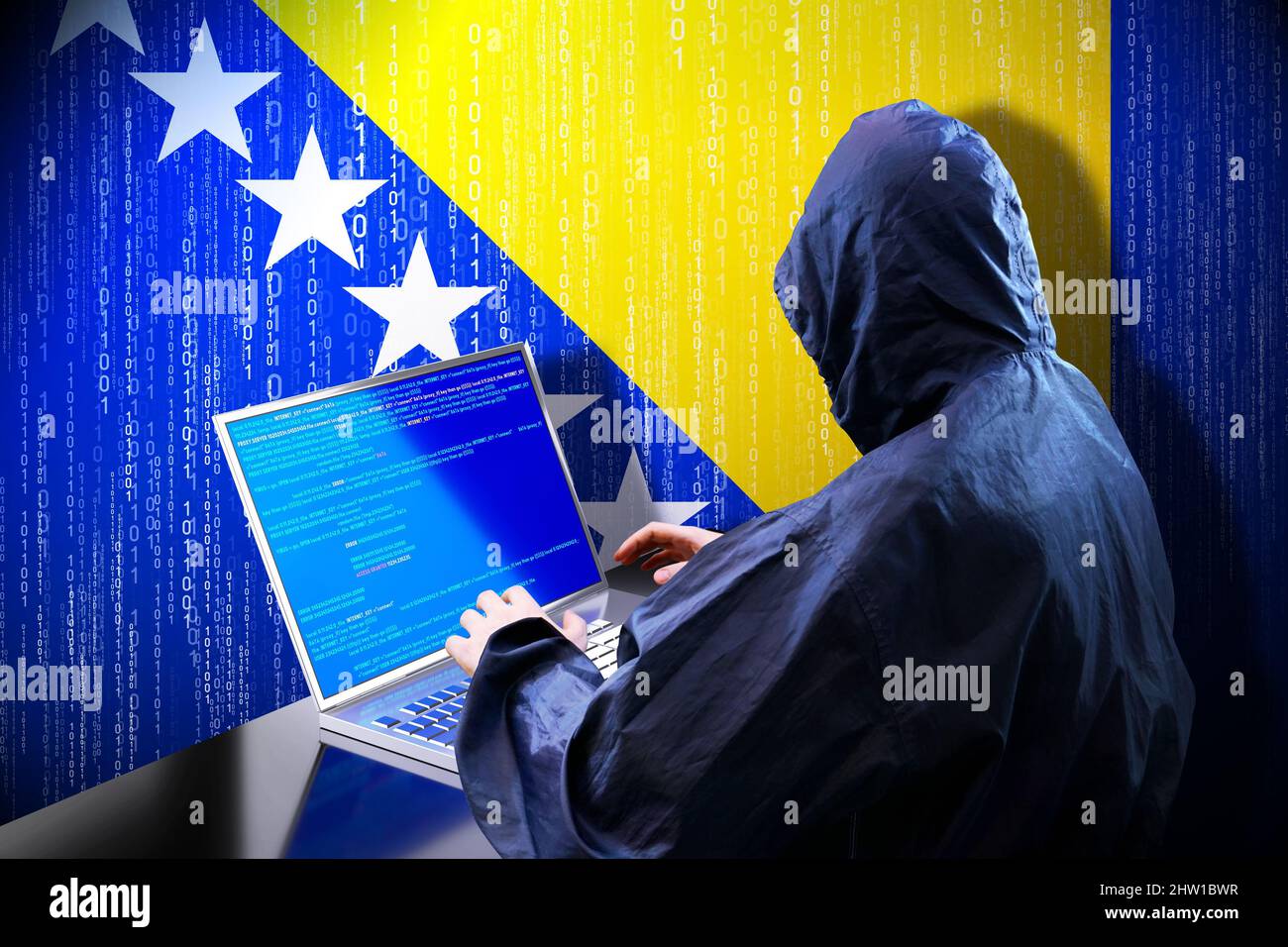 Anonymous hooded hacker, flag of Bosnia and Herzegovina binary code - cyber attack concept Stock ...