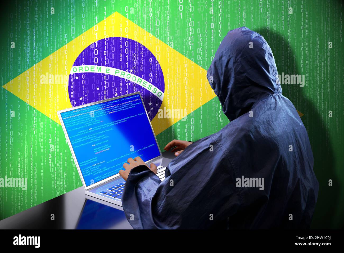 Anonymous hooded hacker, flag of Brazil, binary code - cyber attack concept Stock Photo - Alamy
