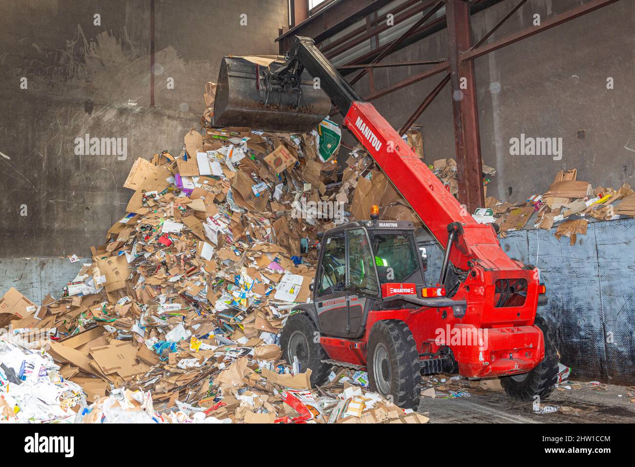 France, Puy de Dome, cardboard recycling, household-waste sorting ...
