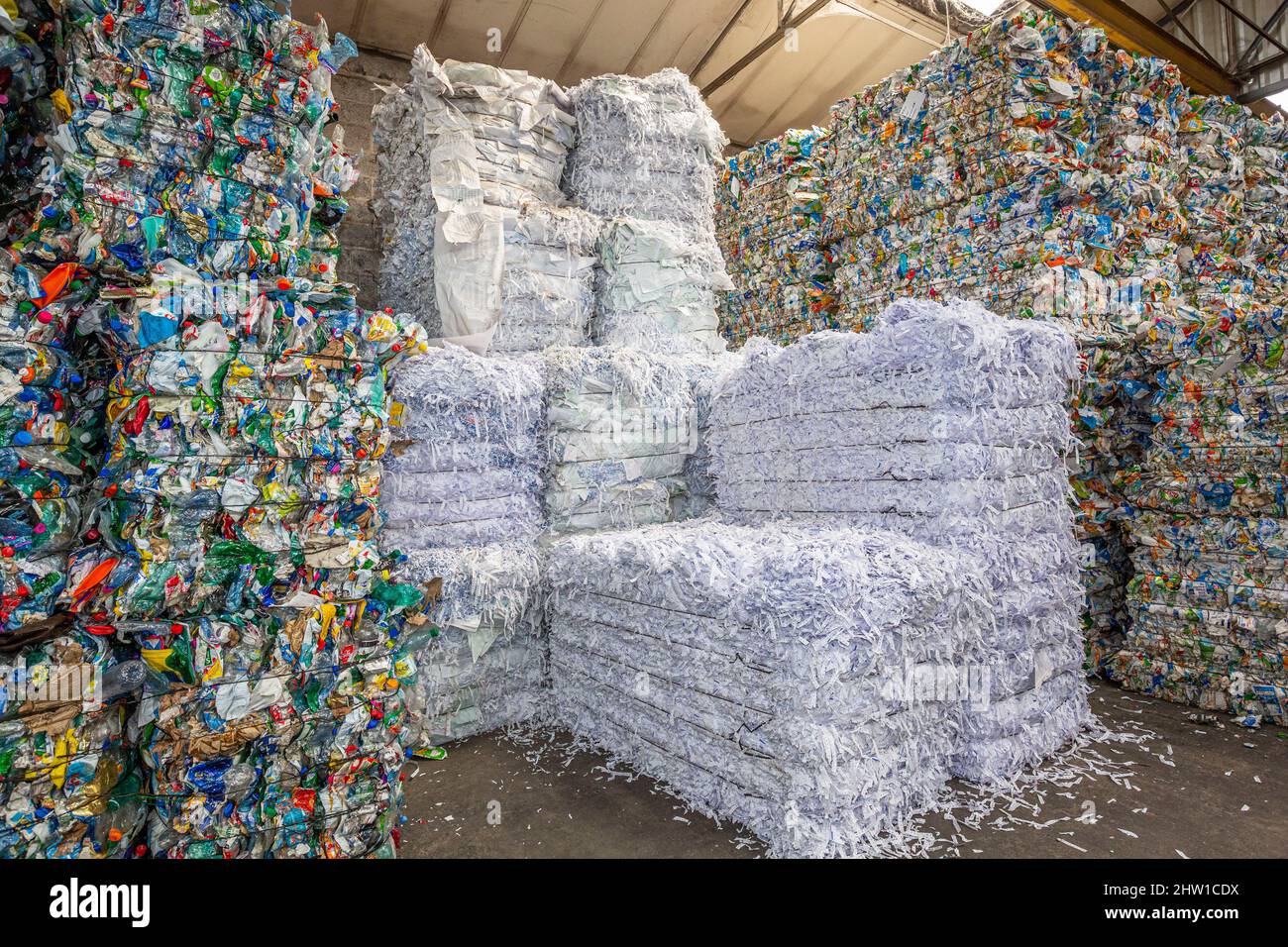 France, Puy de Dome, plastic bottles and paper recycling, household ...