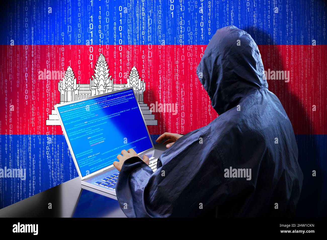 Anonymous hooded hacker, flag of Cambodia, binary code - cyber attack ...