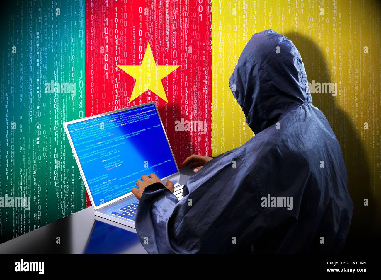 Anonymous hooded hacker, flag of Cameroon, binary code - cyber attack ...