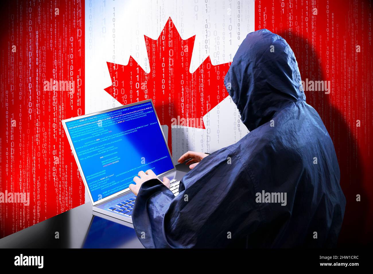 Anonymous hooded hacker, flag of Canada, binary code - cyber attack ...