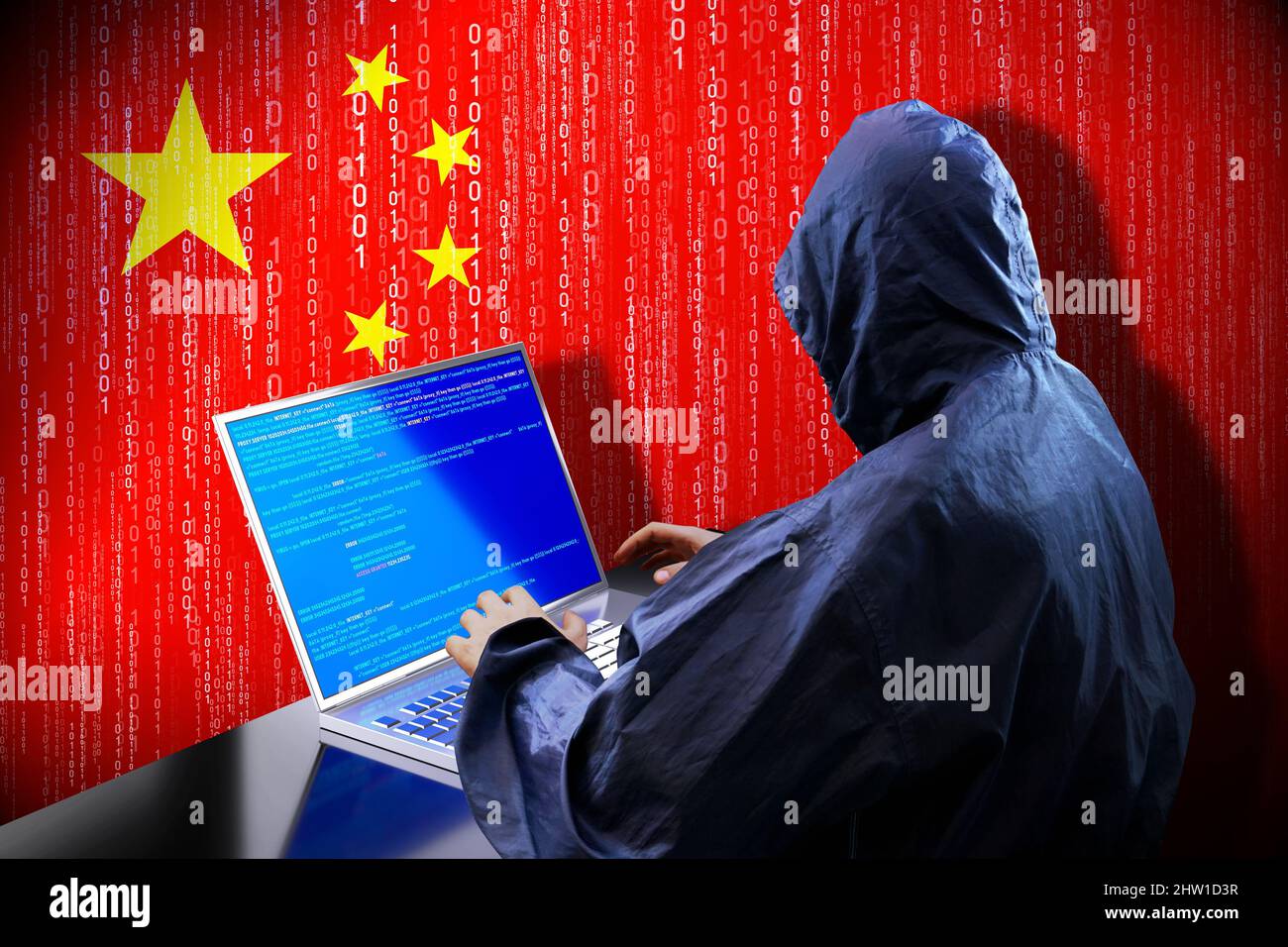 Anonymous hooded hacker, flag of China, binary code - cyber attack ...