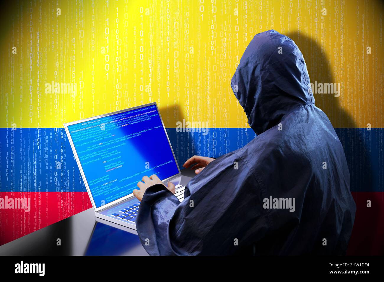 Anonymous hooded hacker, flag of Colombia, binary code - cyber attack ...