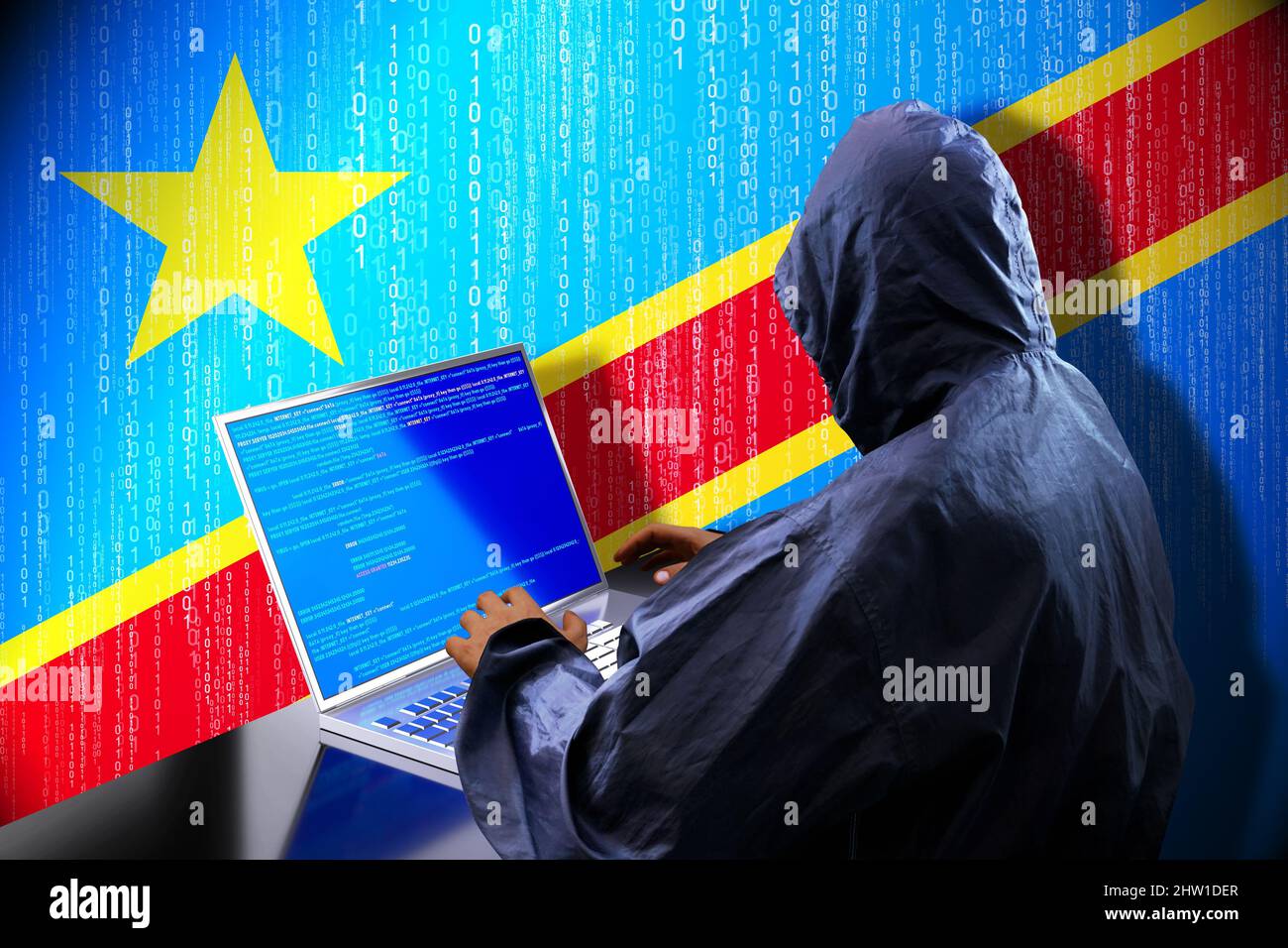 Anonymous Hooded Hacker Flag Of Congo Democratic Republic Binary Code Cyber Attack Concept