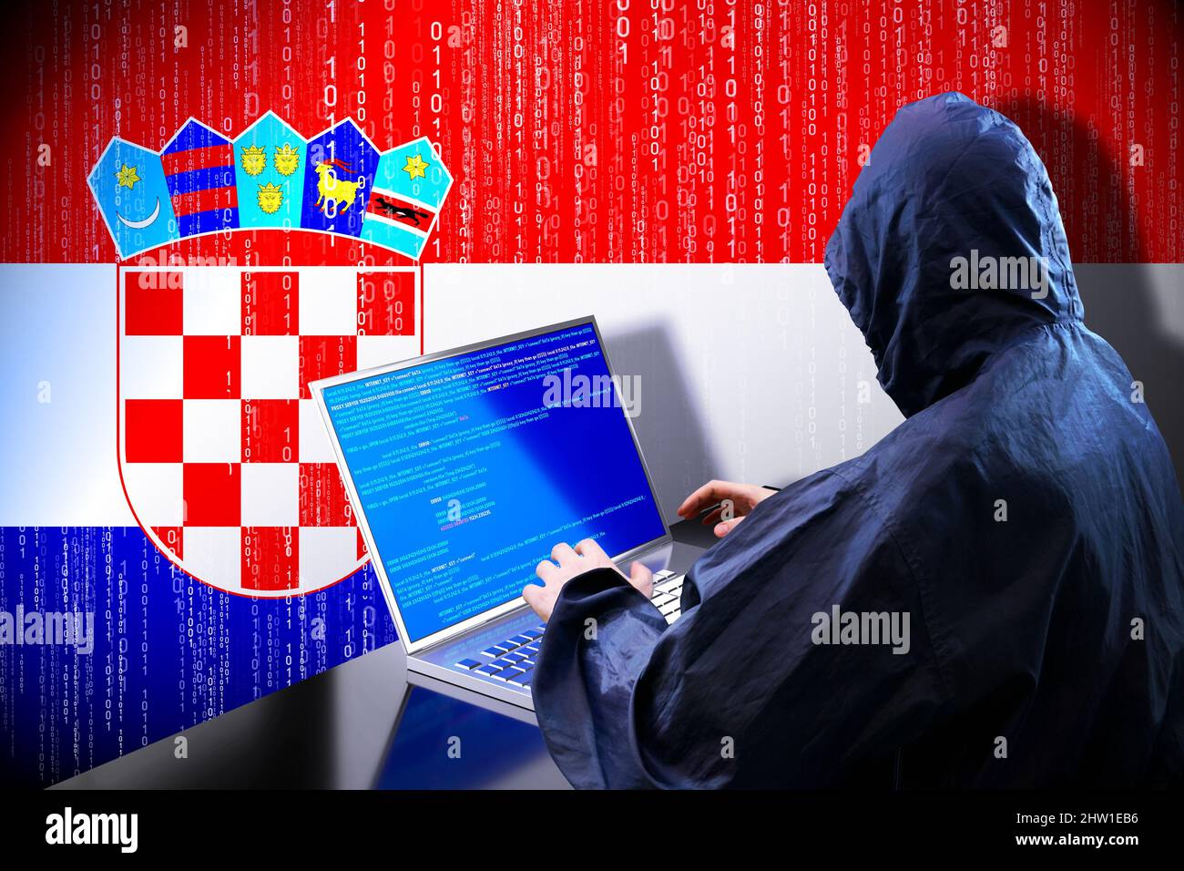 Anonymous hooded hacker, flag of Croatia, binary code - cyber attack ...