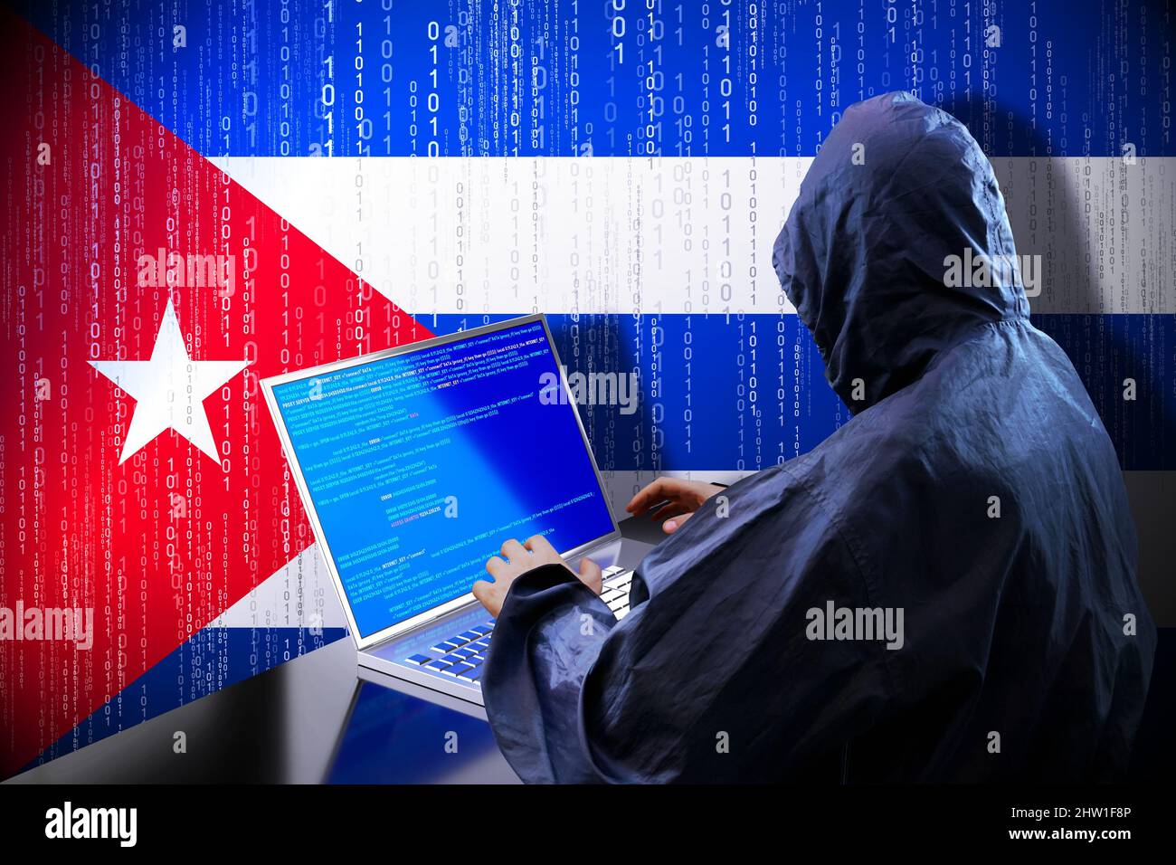 Anonymous hooded hacker, flag of Cuba, binary code - cyber attack ...