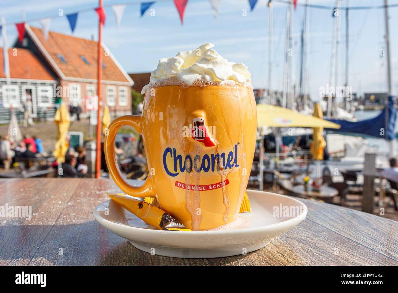 Netherlands, North Holland, Marken, close-up of a cup of Chocomel, a ...