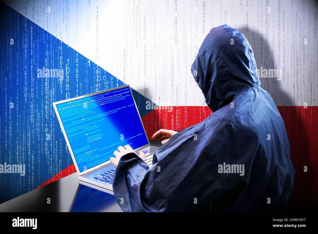 Anonymous hooded hacker, flag of Czech Republic, binary code - cyber ...
