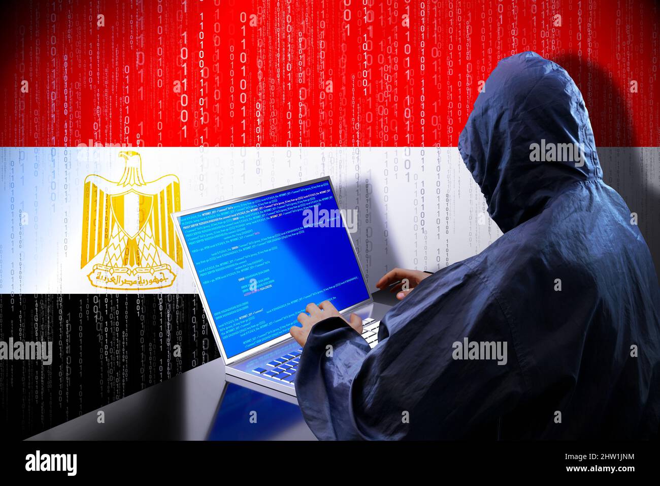 Anonymous hooded hacker, flag of Egypt, binary code - cyber attack ...