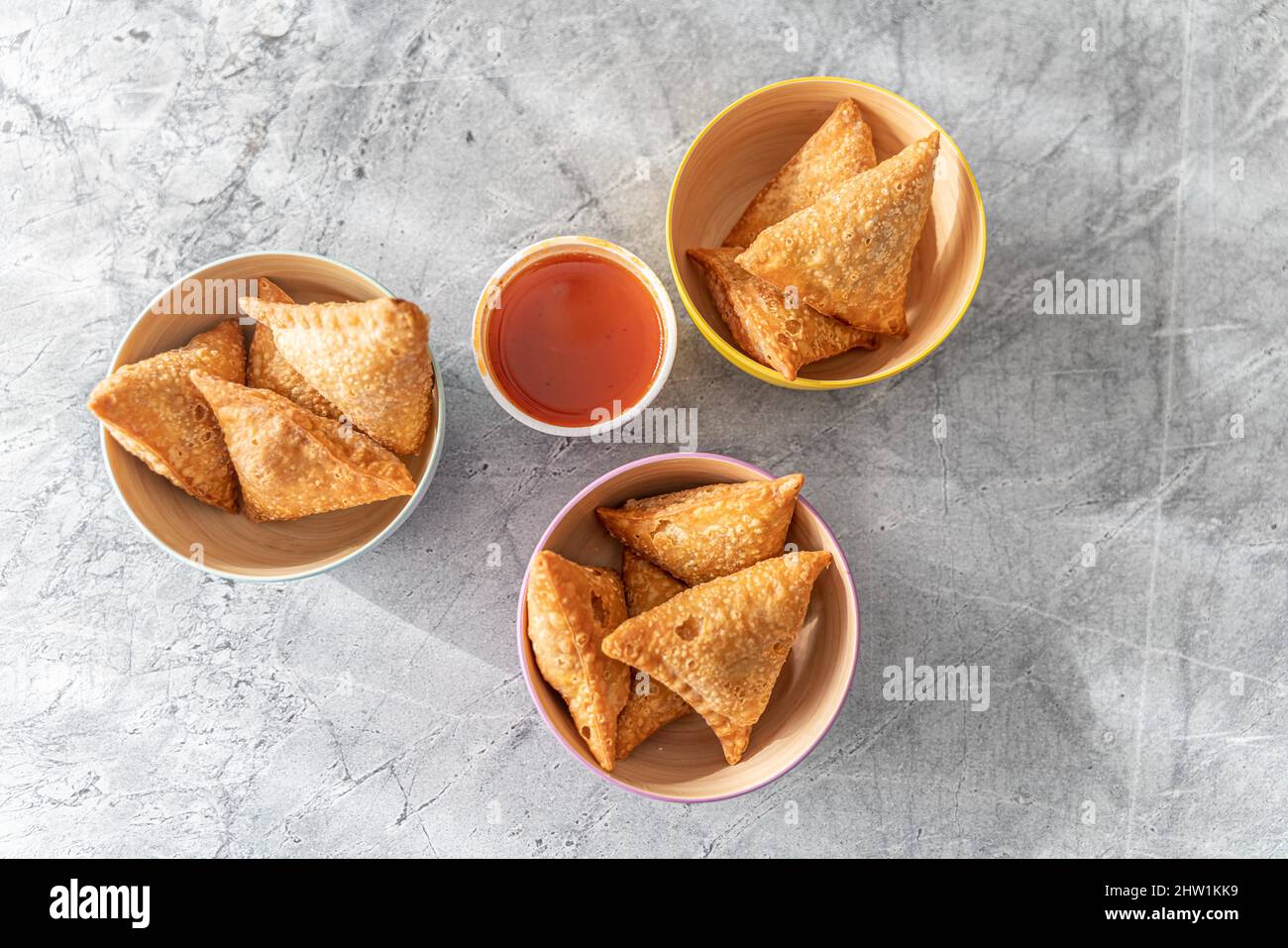 Deep fried Meat and Vegetable Samosa snacks ready to eat Stock Photo ...