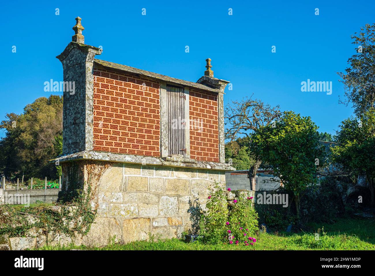 Spain, Galicia, surroundings of Sarria, typical granary or horreo on ...