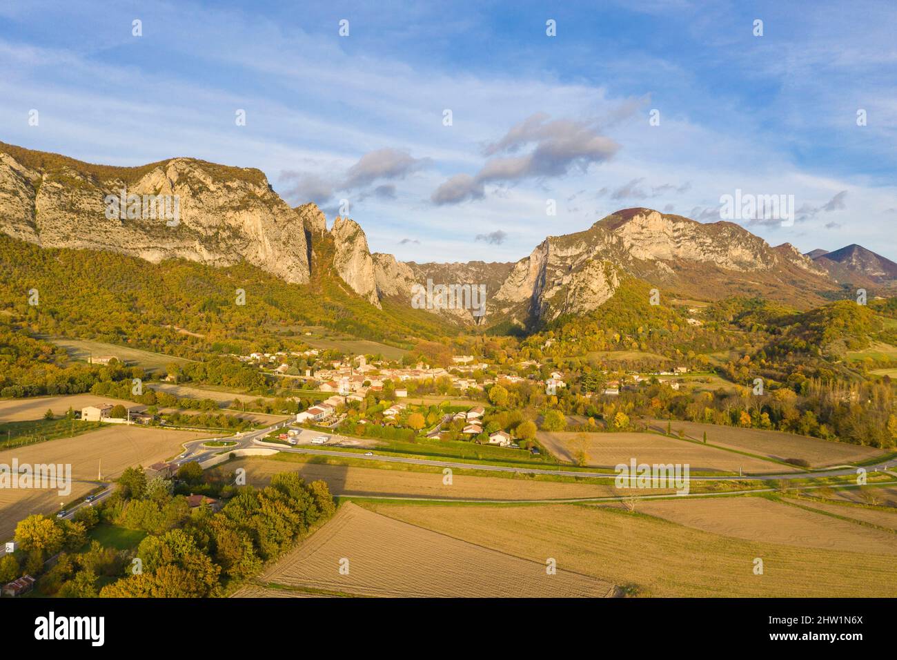 France, Drome, Saou forest and village of Saou (aerial view Stock Photo ...