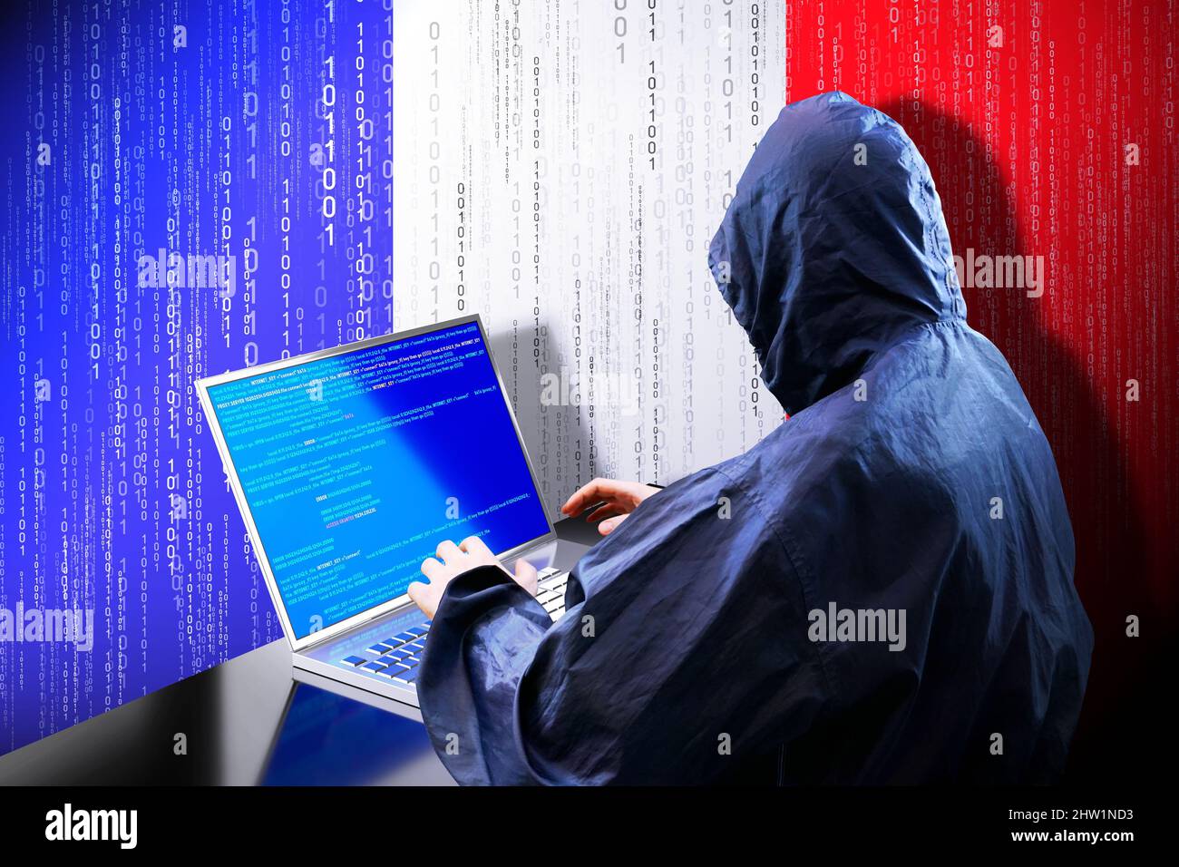 Anonymous hooded hacker, flag of France, binary code - cyber attack concept Stock Photo - Alamy