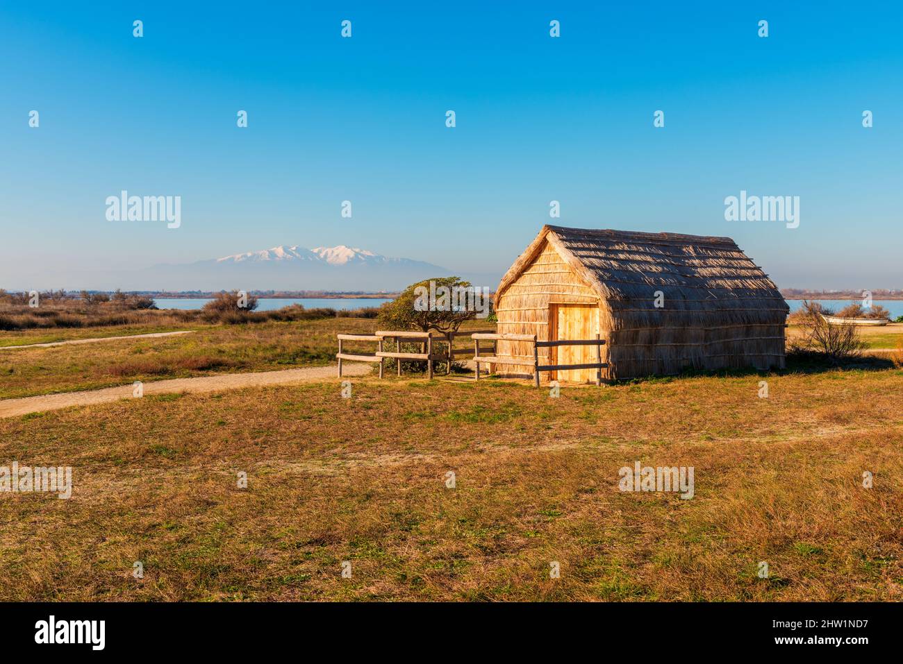 Reed-thatched Hut near a lagoon in Canet-en-Roussillon, Southwestern ...