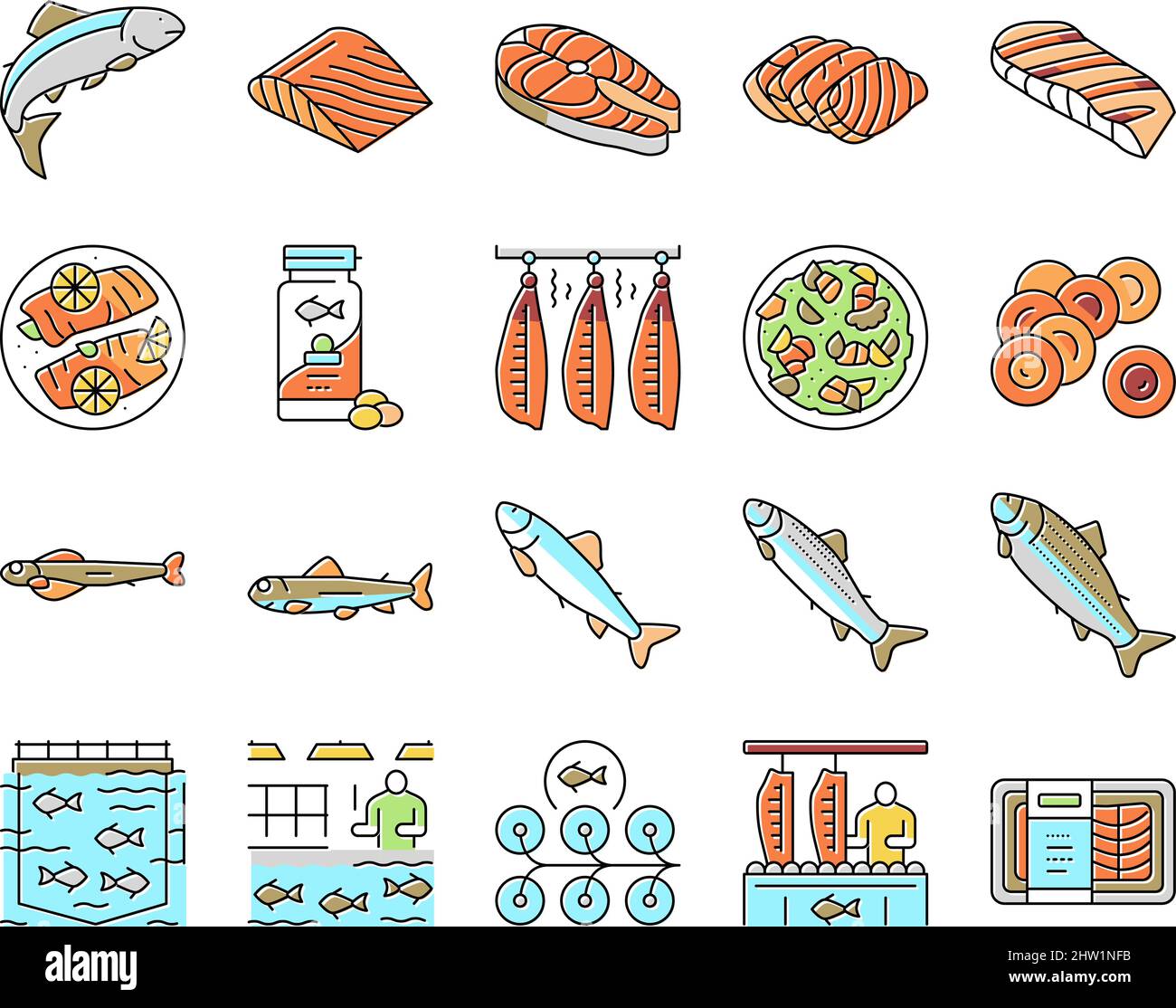 Salmon Fish Delicious Seafood Icons Set Vector Stock Vector Image & Art ...