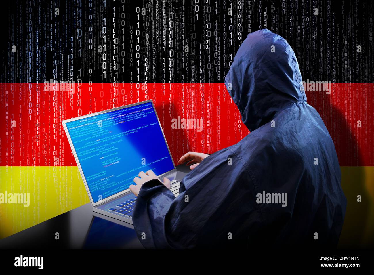 Anonymous hooded hacker, flag of Germany, binary code - cyber attack concept Stock Photo - Alamy