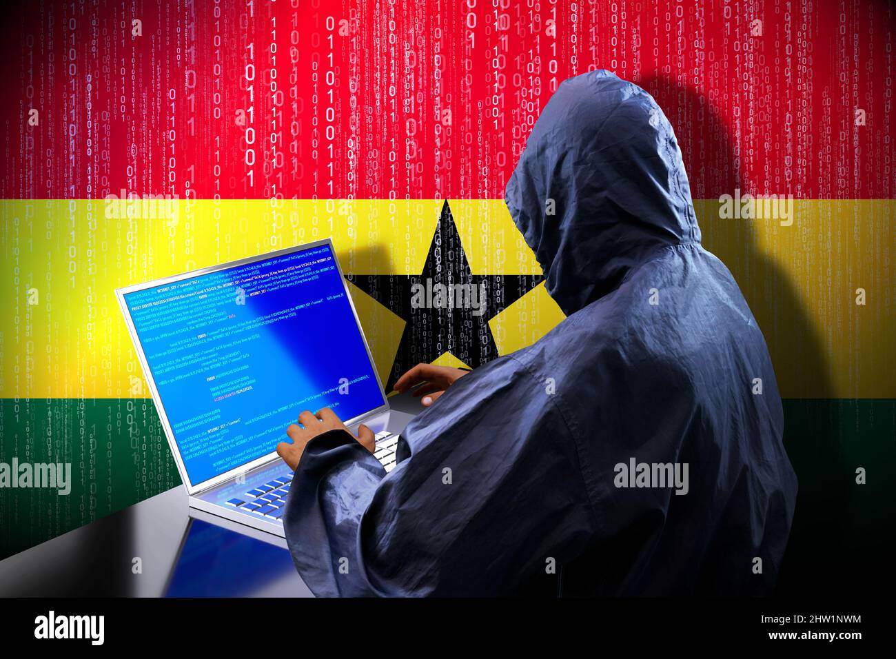Anonymous hooded hacker, flag of Ghana, binary code - cyber attack concept Stock Photo - Alamy