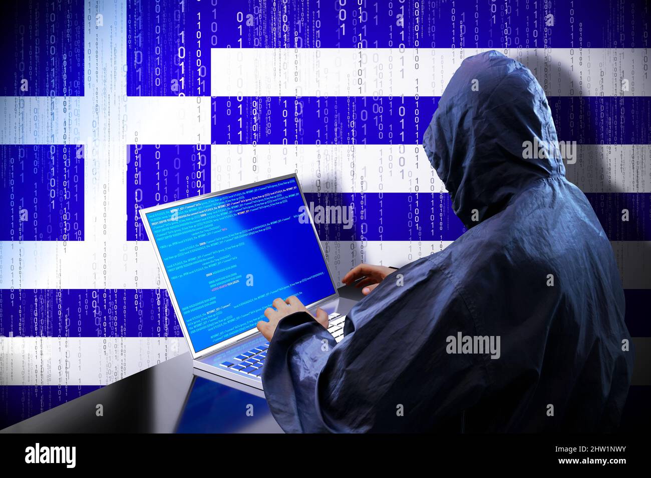 Anonymous hooded hacker, flag of Greece, binary code - cyber attack ...