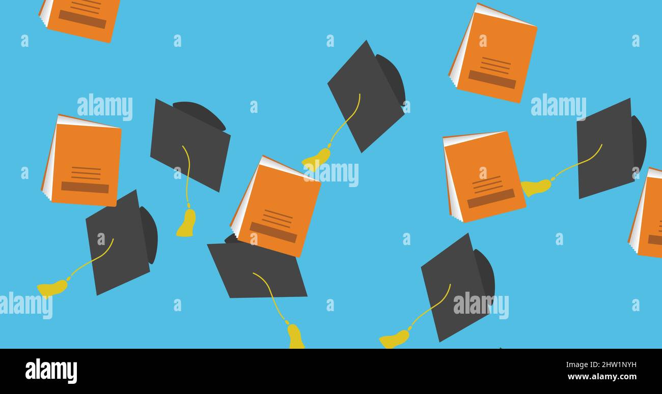 Image of graduation caps and books falling on blue background Stock ...