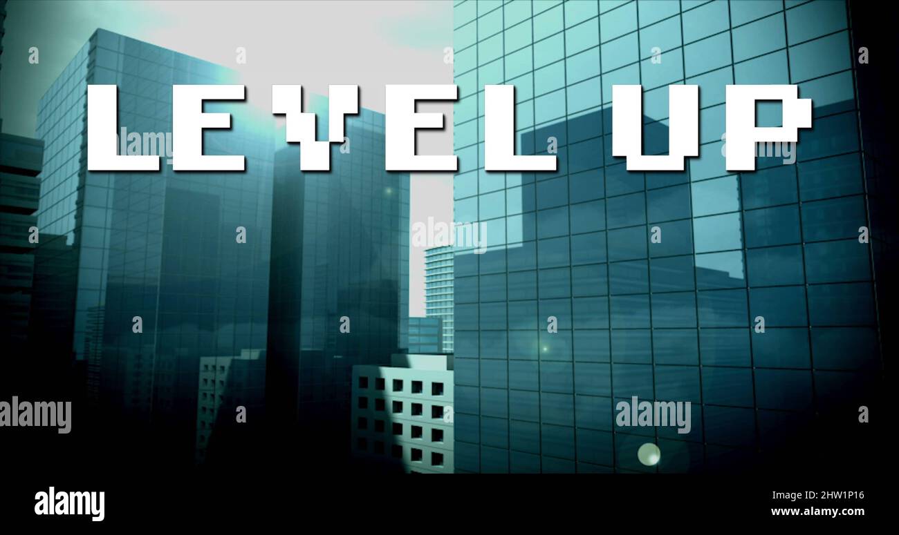 Image of level up over skyscrapers Stock Photo - Alamy