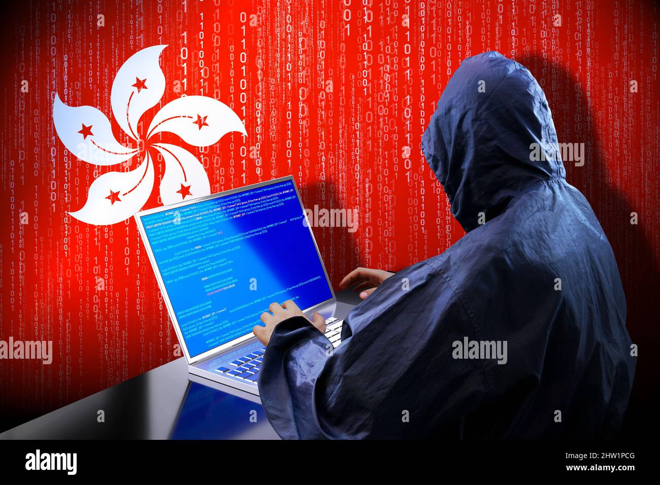 Anonymous hooded hacker, flag of Hong Kong, binary code - cyber attack concept Stock Photo - Alamy
