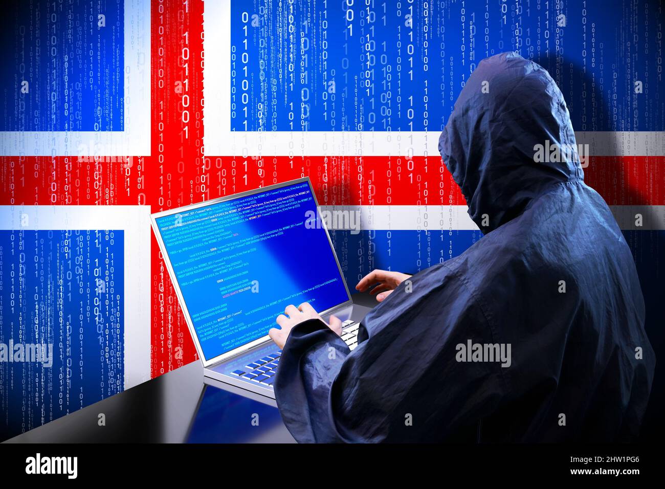 Anonymous hooded hacker, flag of Iceland, binary code - cyber attack concept Stock Photo - Alamy