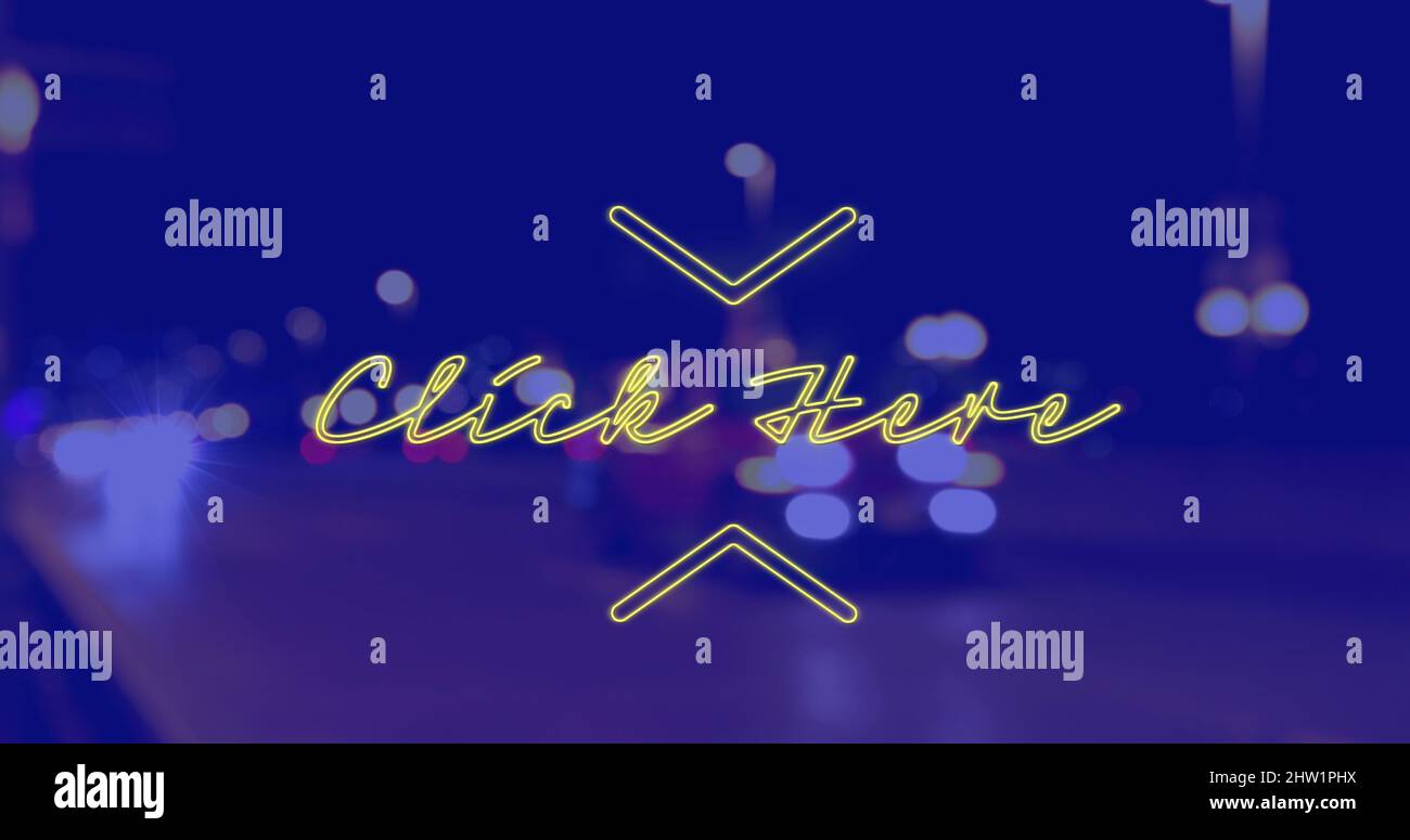 Image of click here text over cityscape at night on blue background ...