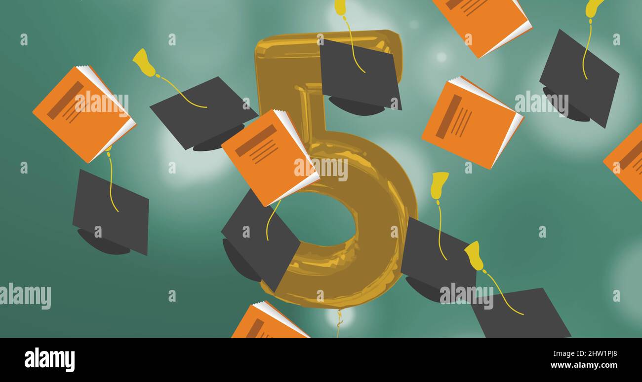 Image of graduation caps and books over numbers and light spots on ...
