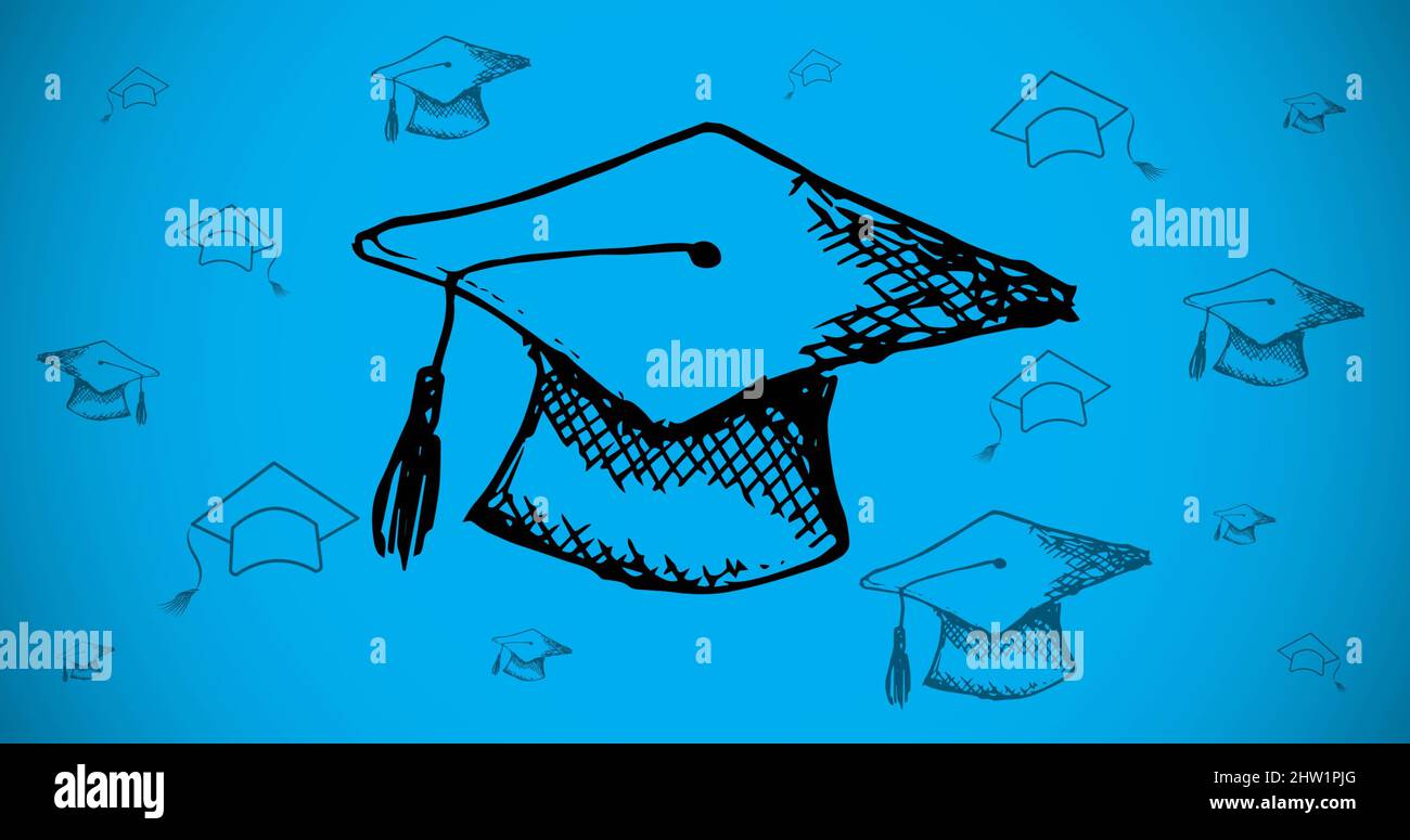 Image of graduation caps moving on blue background Stock Photo - Alamy
