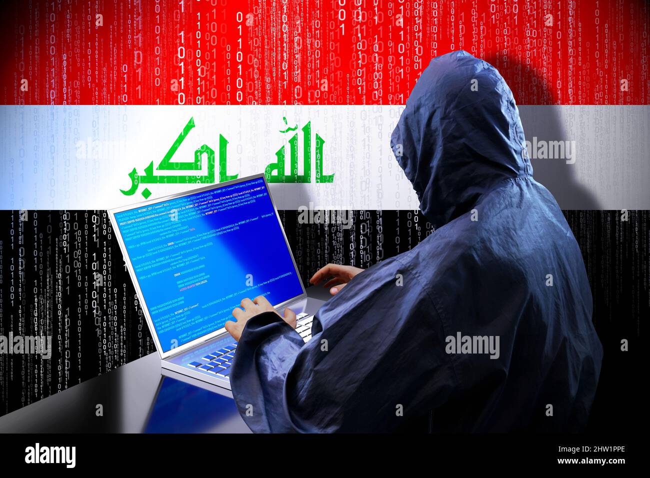 Anonymous hooded hacker, flag of Iraq, binary code - cyber attack ...