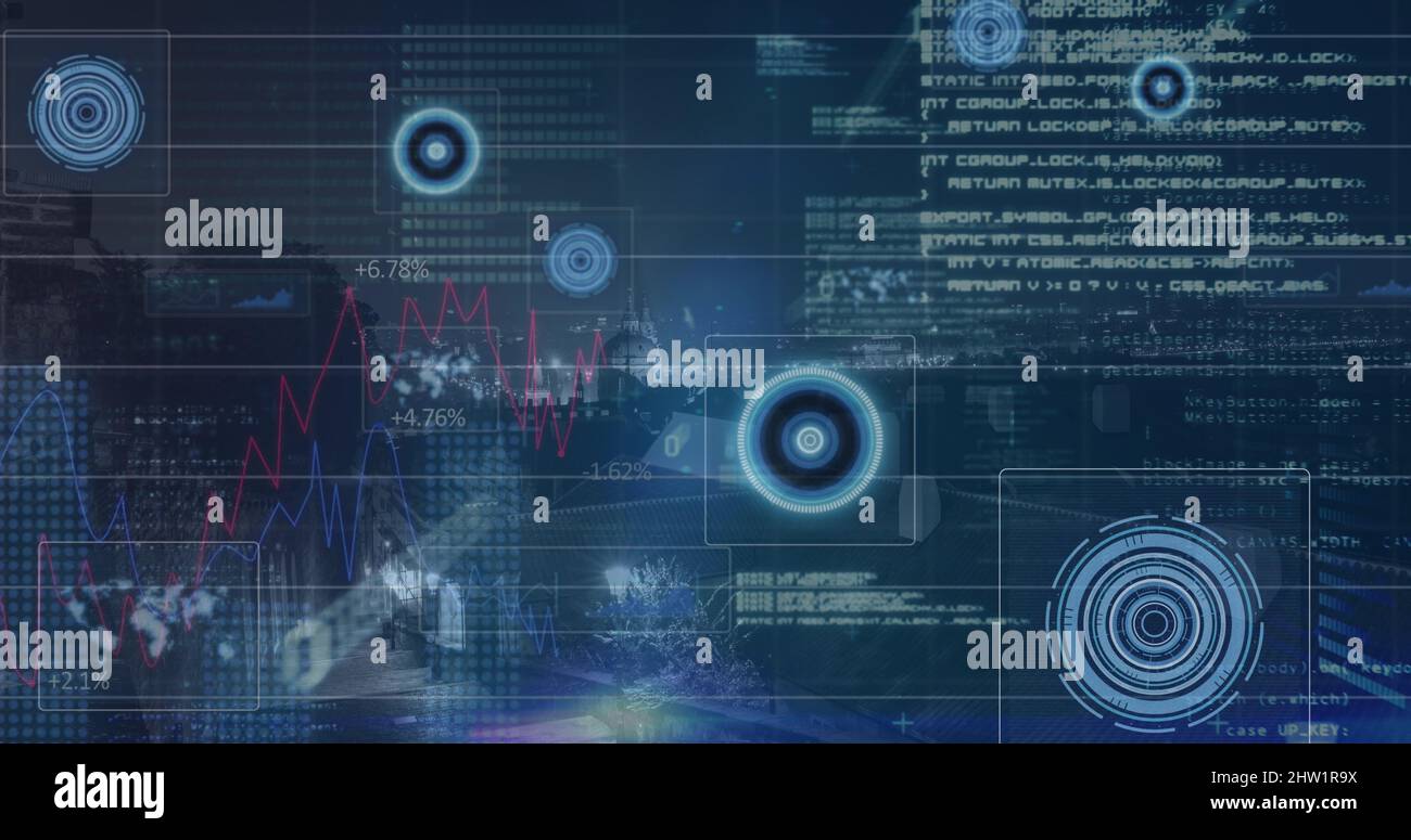 Round scanners and data processing against view of cityscape at night Stock Photo - Alamy