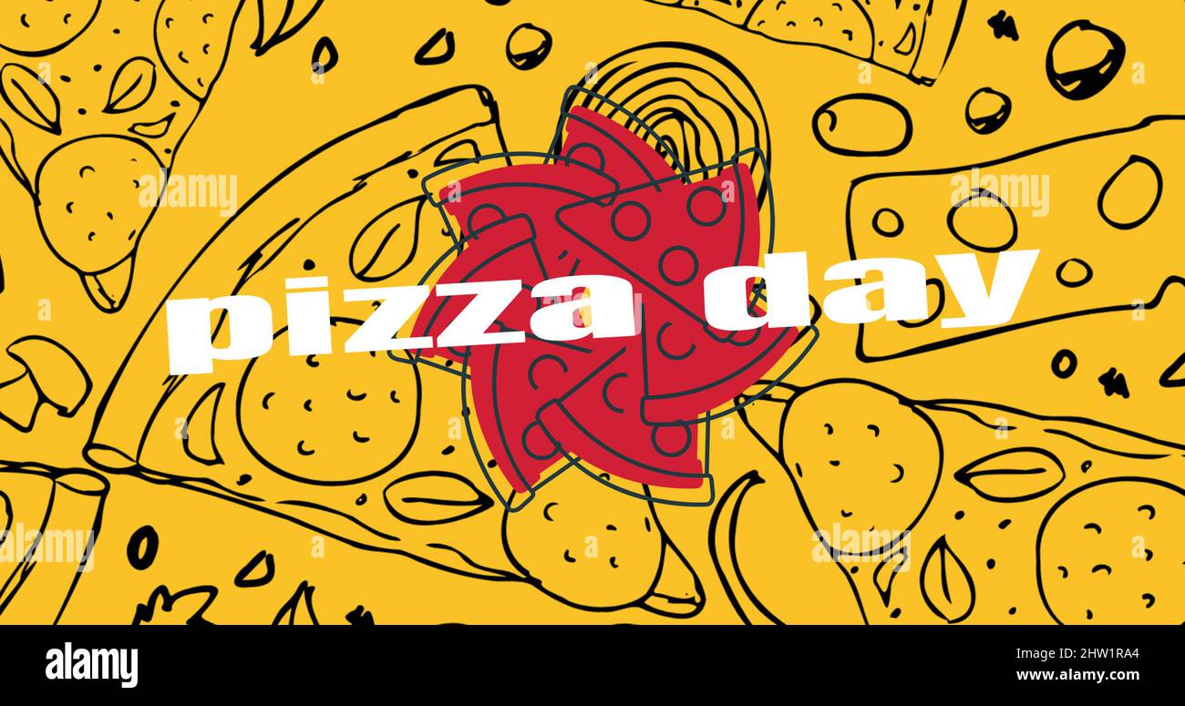 Image of pizza day text and pizza drawings on yellow background Stock ...