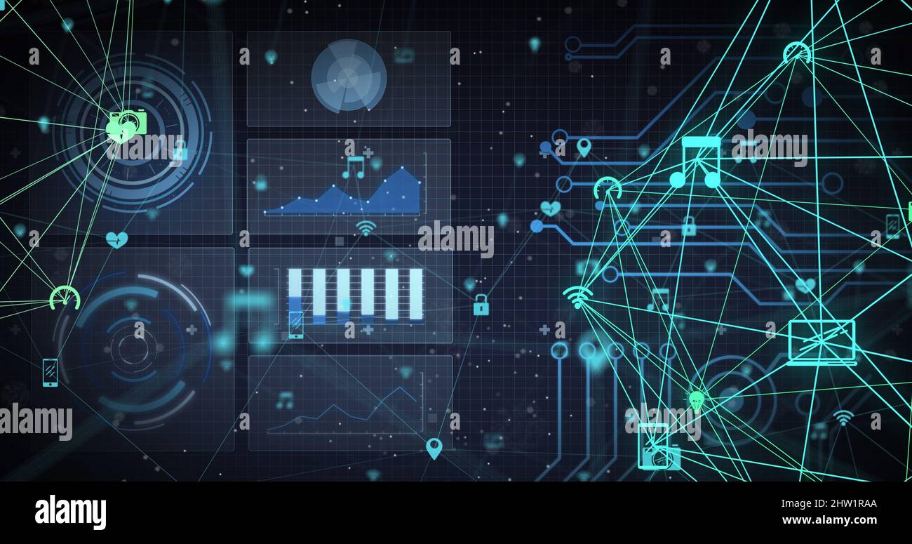 Globe of digital icons spinning against digital interface with data processing on black ...