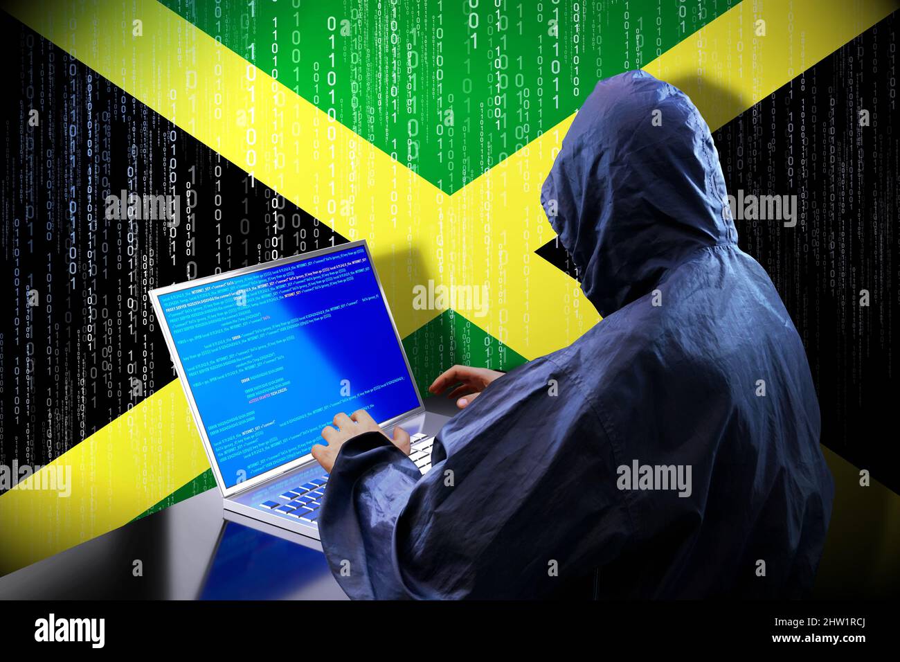 Anonymous hooded hacker, flag of Jamaica, binary code - cyber attack concept Stock Photo - Alamy
