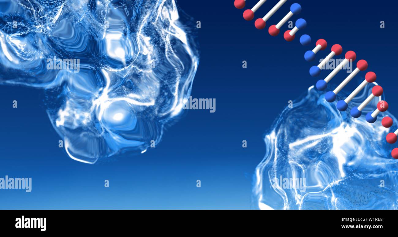 Digital image of dna structure spinning against digital wave on blue ...