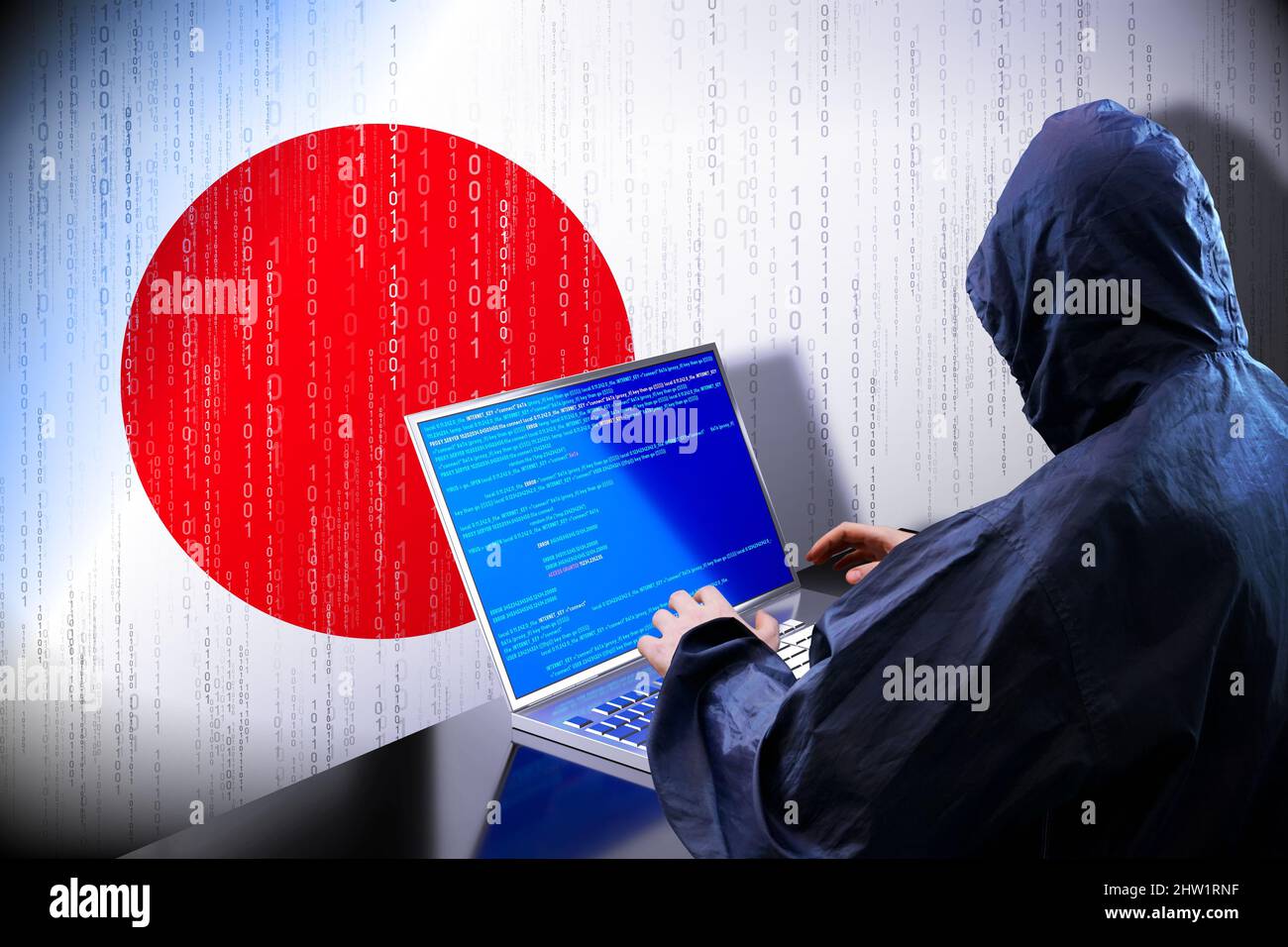 Anonymous hooded hacker, flag of Japan, binary code - cyber attack concept Stock Photo - Alamy