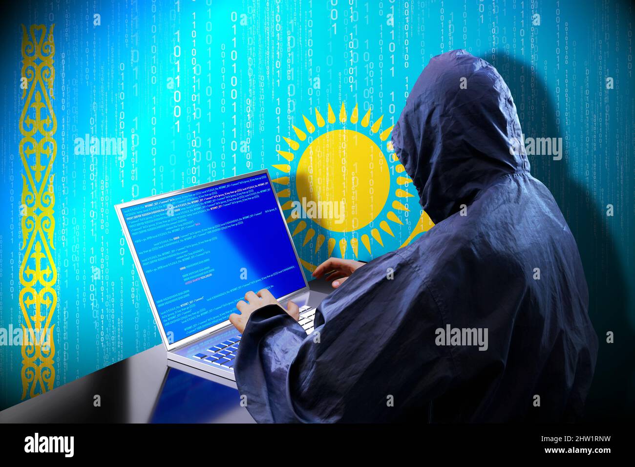 Anonymous Hooded Hacker Flag Of Kazakhstan Binary Code Cyber Attack