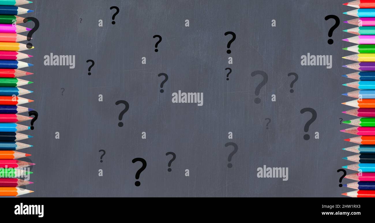 Image of question marks over crayons on grey background Stock Photo - Alamy