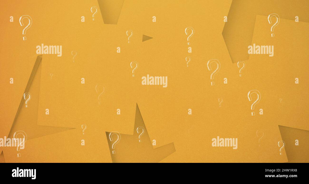 Digital image of multiple question mark symbols floating yellow blank ...