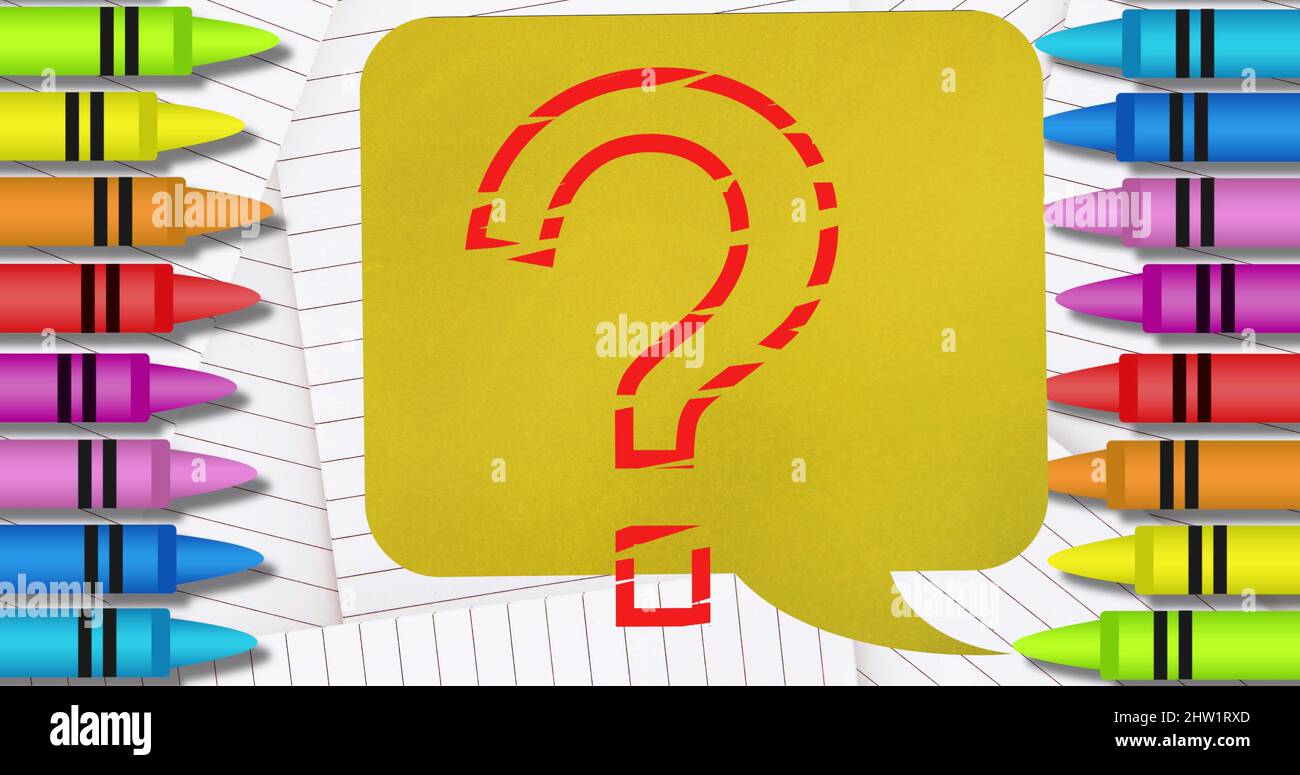 Question mark symbol over speech bubble against white lined paper and ...