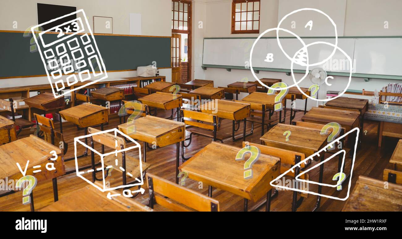 Image of school icons and question marks over empty classroom Stock ...