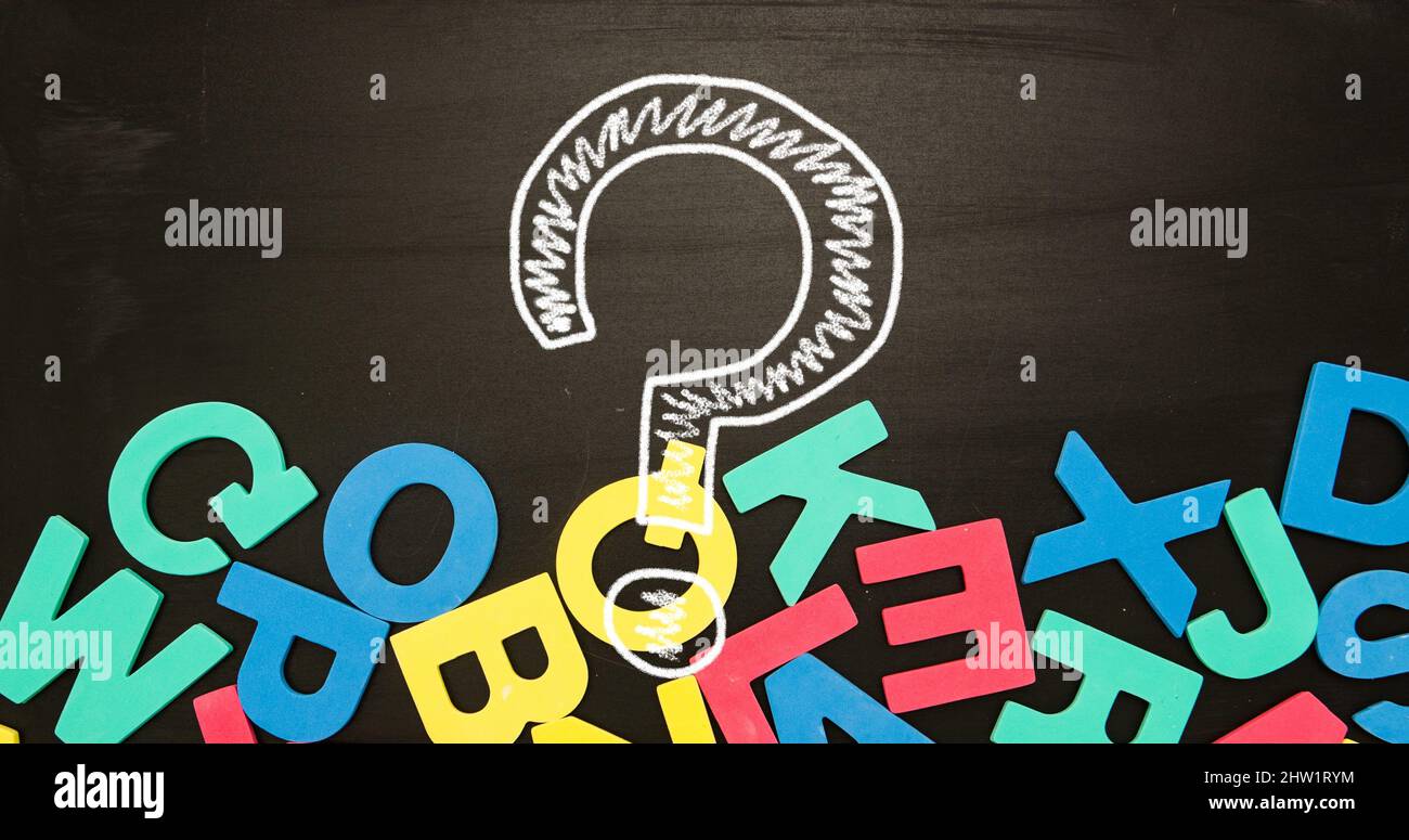 Image of question mark with letters over black background Stock Photo ...