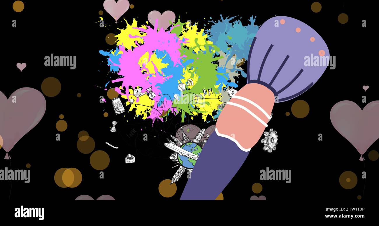 Image of paint brush and paint splodges over black background Stock ...