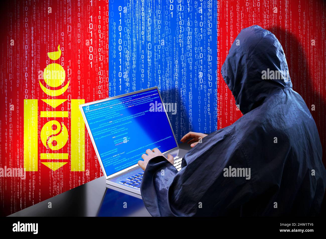 Anonymous hooded hacker, flag of Mongolia, binary code - cyber attack concept Stock Photo - Alamy